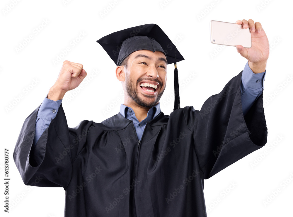 Isolated graduate man, selfie and university event with smile ...