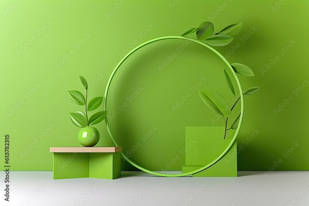 front view of 3D render dispaly mockup for empty product,Green ...