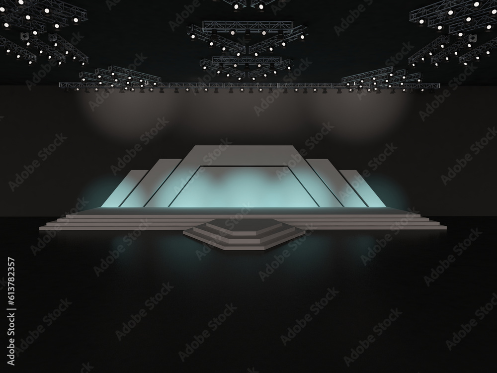 Event empty stage with stairs in front view, projection on the backdrop ...
