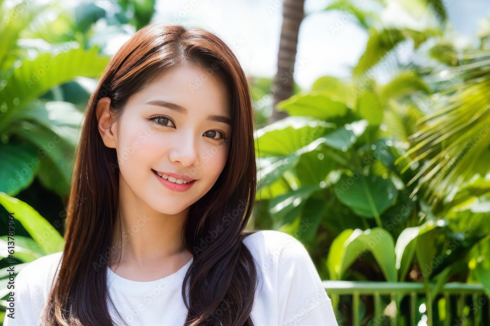 笑顔でカメラ目線のロングヘアの日本人女性(美人モデル) Stock Illustration | Adobe Stock