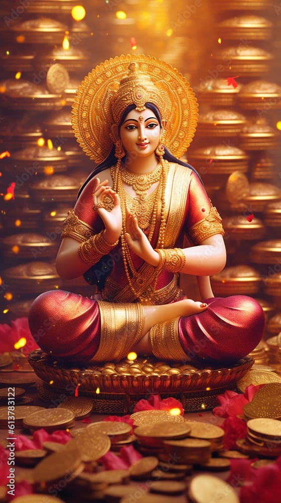 Tranquil Portrayal of Lakshmi, Hindu Goddess of Wealth, Seated on Lotus ...