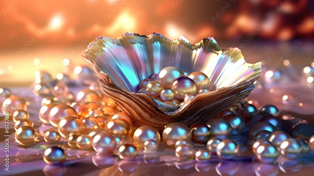 The pearls in the mussel shells on the sea floor glow softly,AI ...