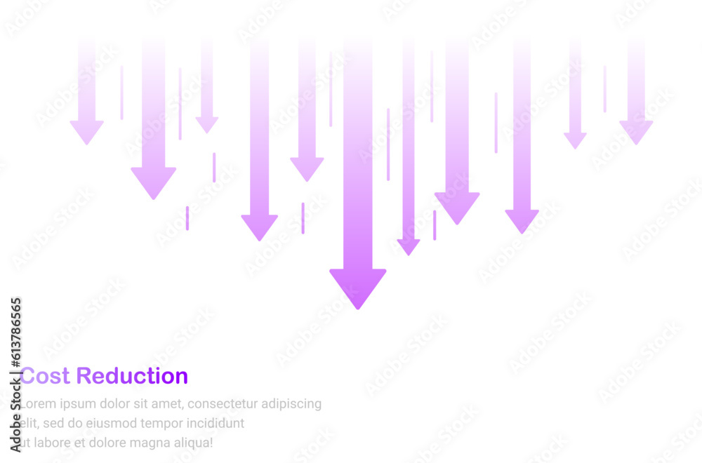 Cost reduction. Flat, pink, cost reduction banner, arrow indicates cost ...