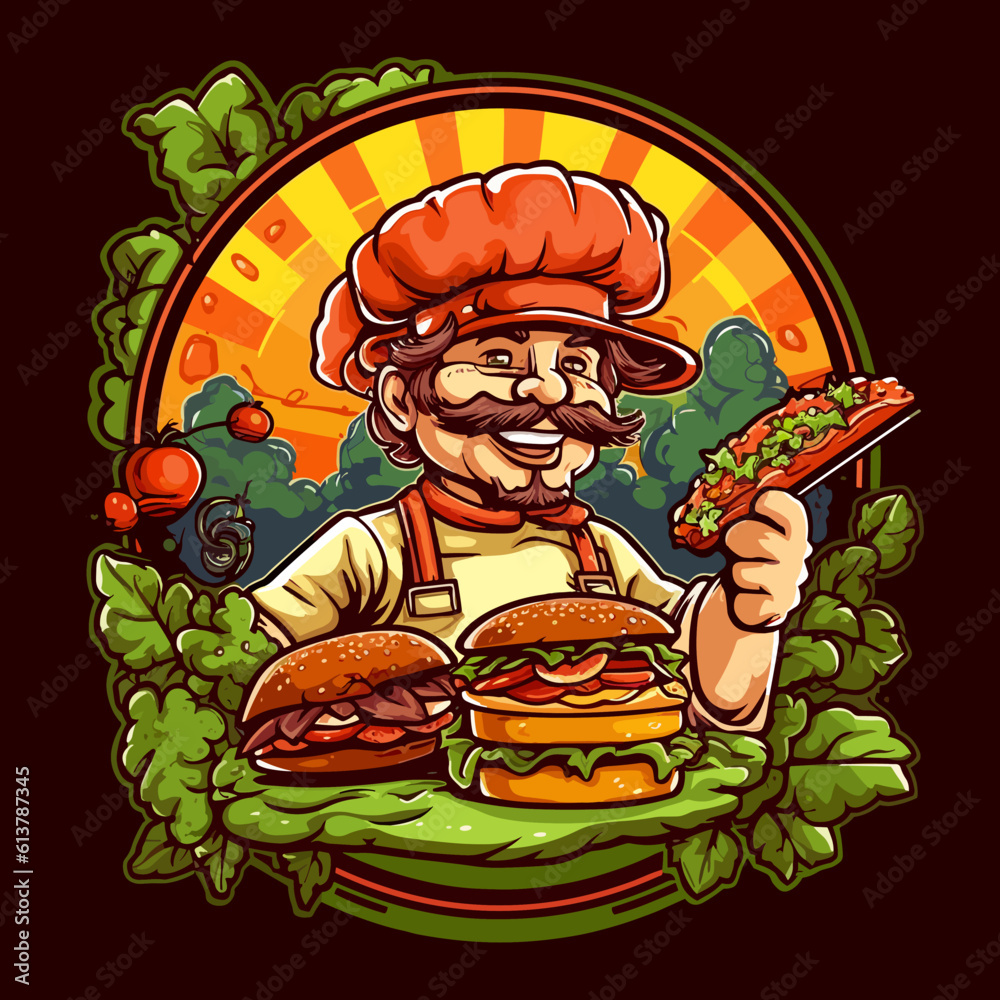 Hotdog prepared by fast food chef. Street food from a stall. Cartoon ...