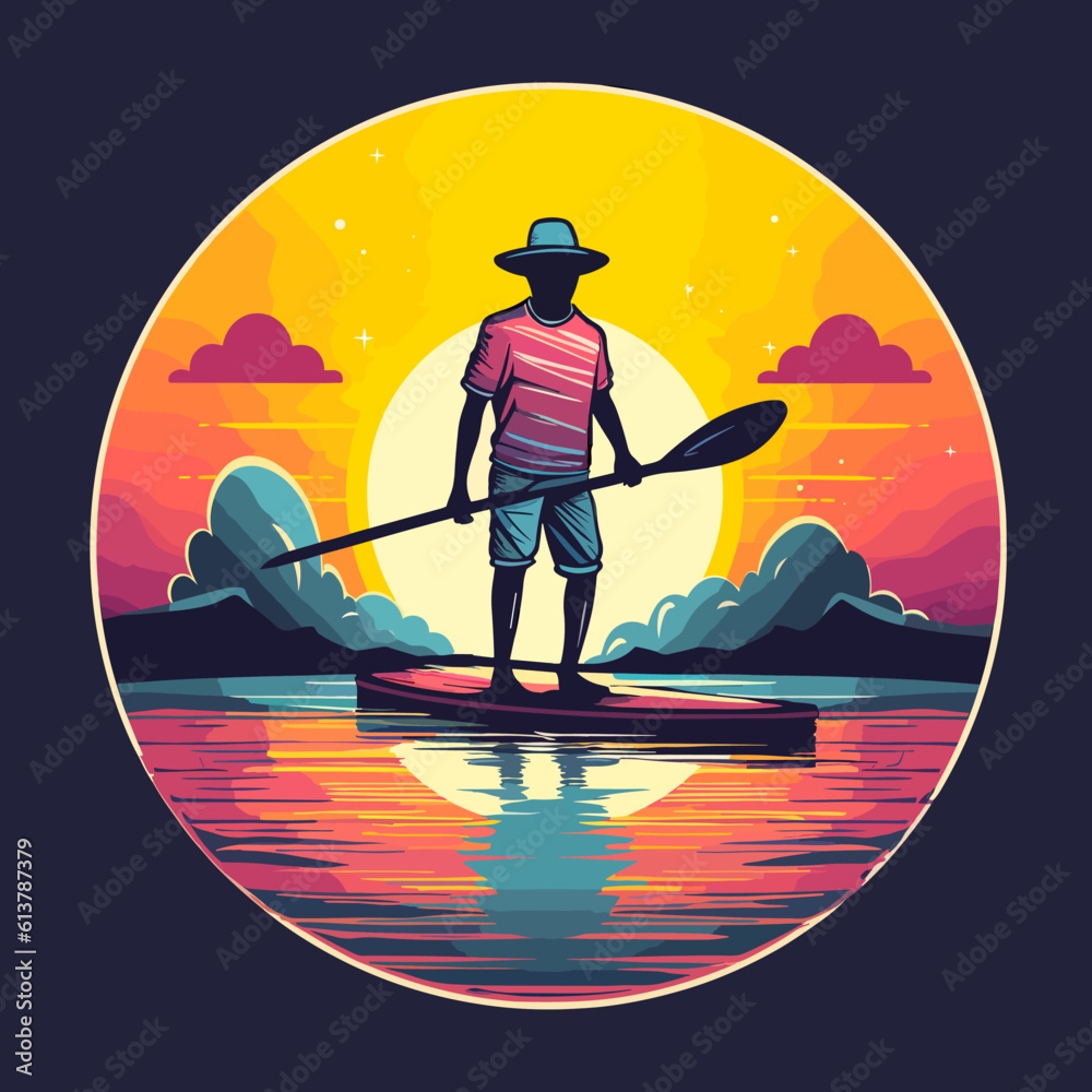 Man stand up paddle boarding on quiet sea, sunset. Cartoon vector ...