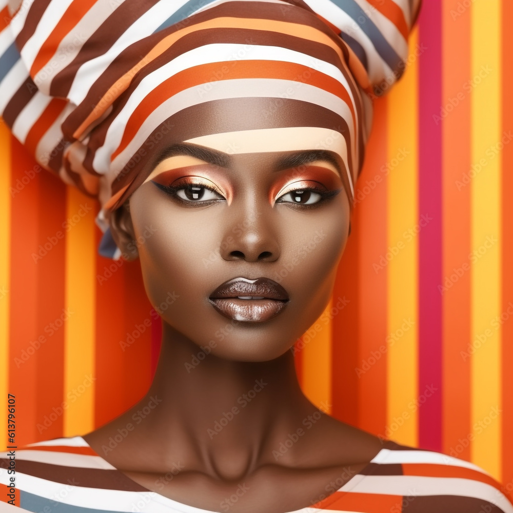 Beautiful african american woman with brown make up and turban on ...