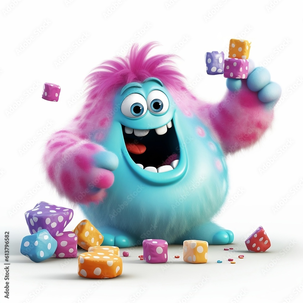 Cartoon pink monster eating sweets on white background Stock ...