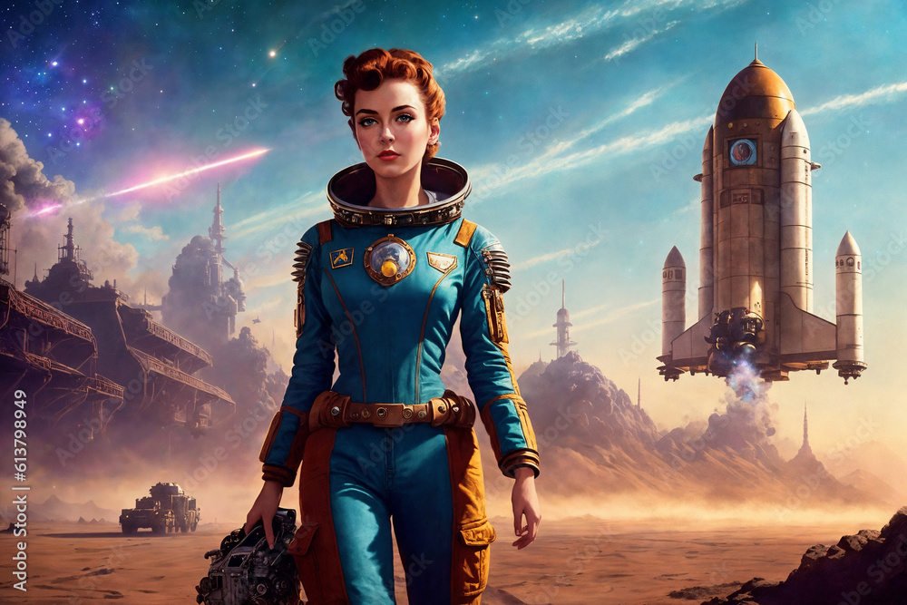 Portrait of a beautiful woman as an astronaut, space theme in the retro ...