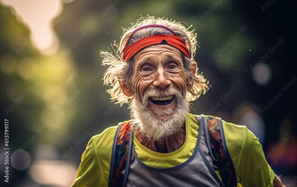 Funny old man is running the marathon and he looks happy but exhausted ...