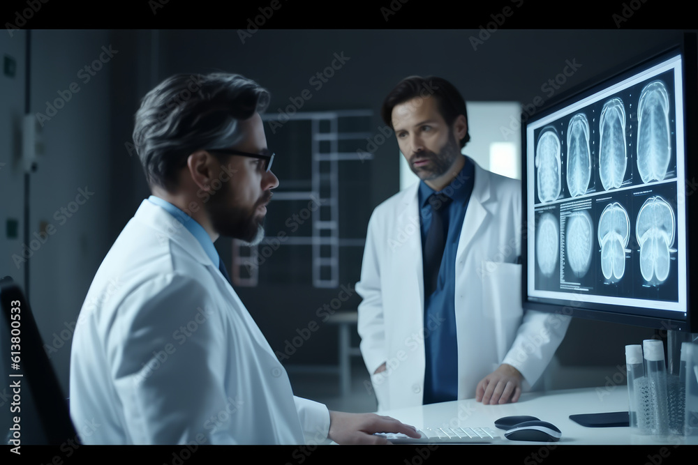 Two male doctors look at the brain on a monitor. Medical innovation ...