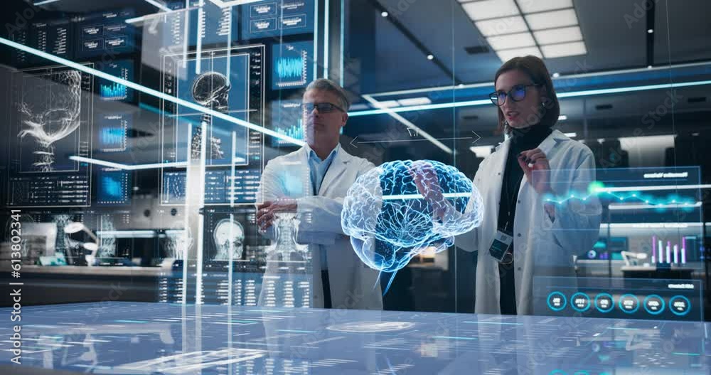 Two Neuroscientists Working With Computer-Powered Animated VFX Hologram ...
