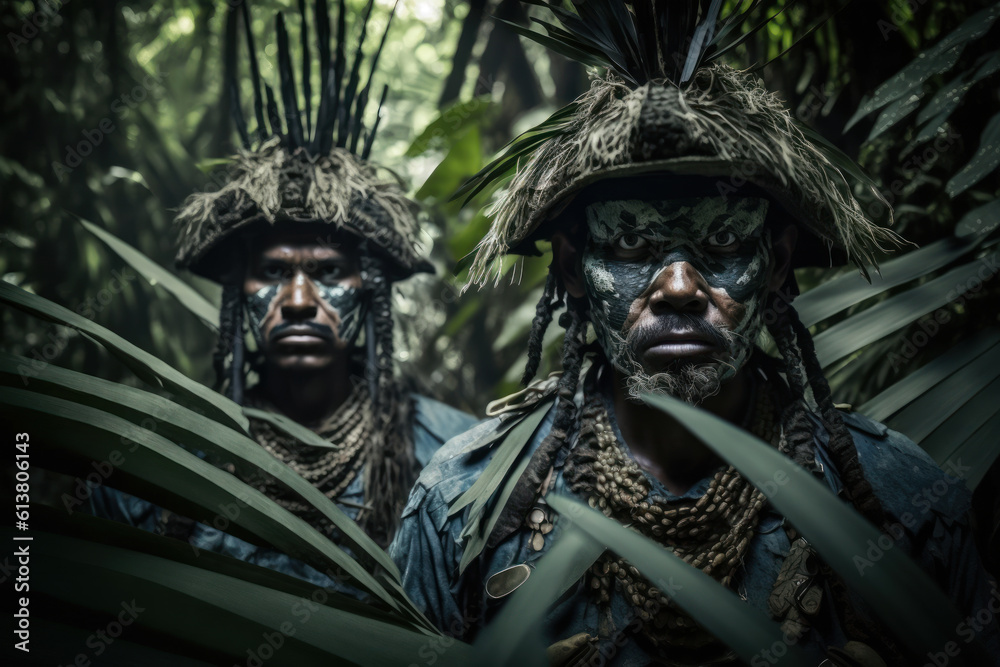Male guerrillas hiding in the rainforest. Generative illustration of ...
