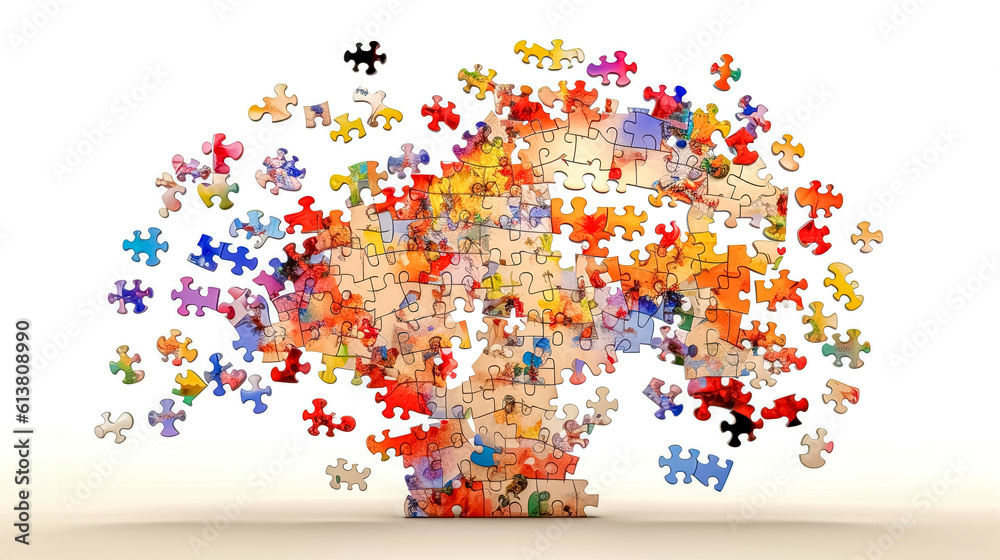 color puzzle creating a picture of the brain on a white background, a ...