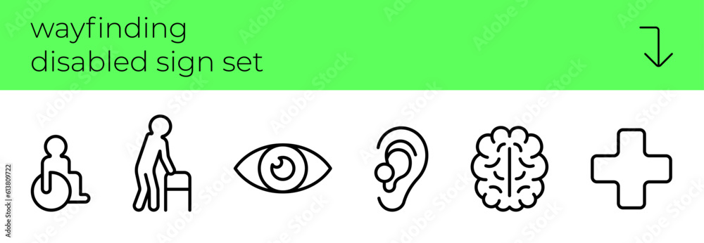 Vetor de Wayfinding icons. Disabled sign set. Way finding symbols ...