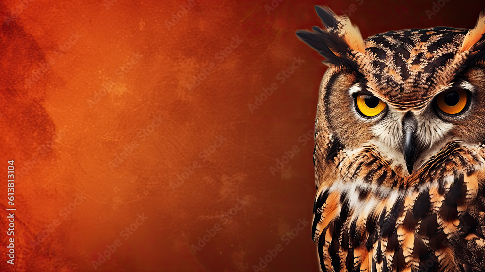 Banner with funny forest owl on a beautiful magical color background ...