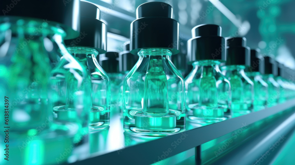 Pharmaceutical manufacture background with glass bottles on automatic ...