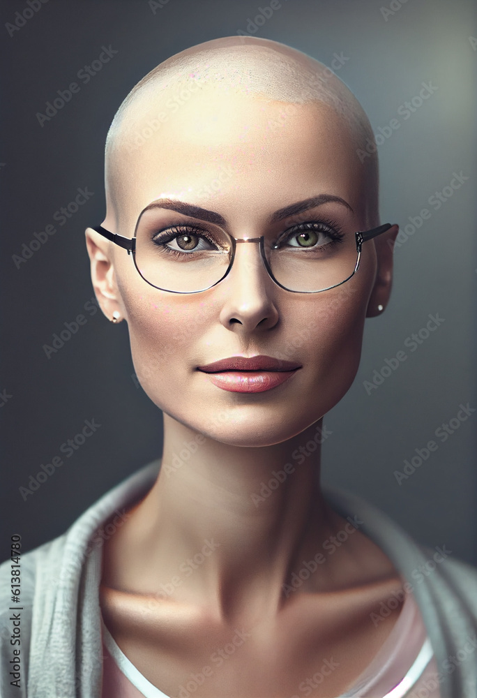 studio portrait of a young beautiful bald-headed woman. Cancer ...