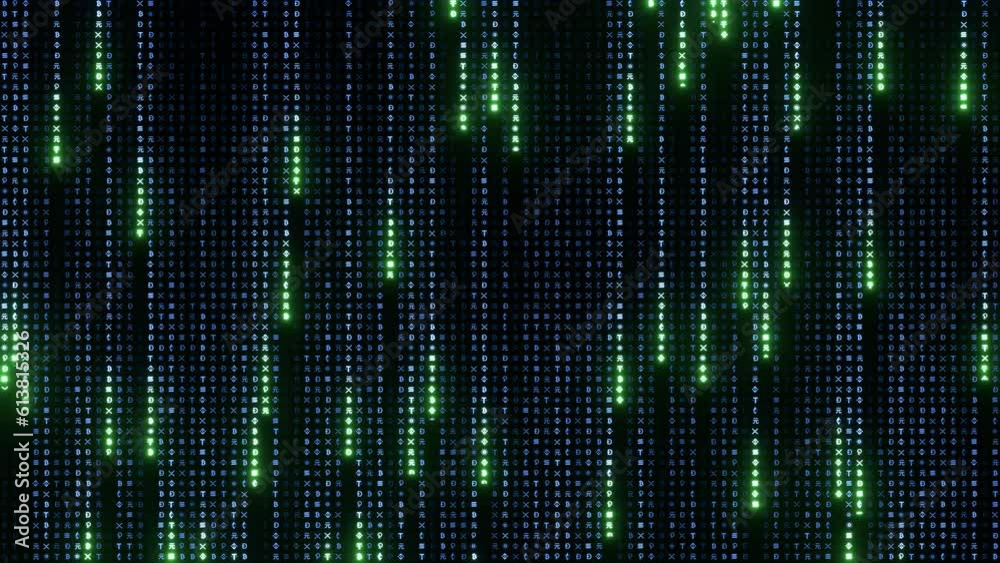 Neon green and blue crypto symbols, encrypted data running on a black background, concept of ...