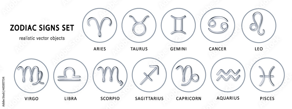 Zodiac silver signs with set with shadow. Luxury realistic 3d signs set ...