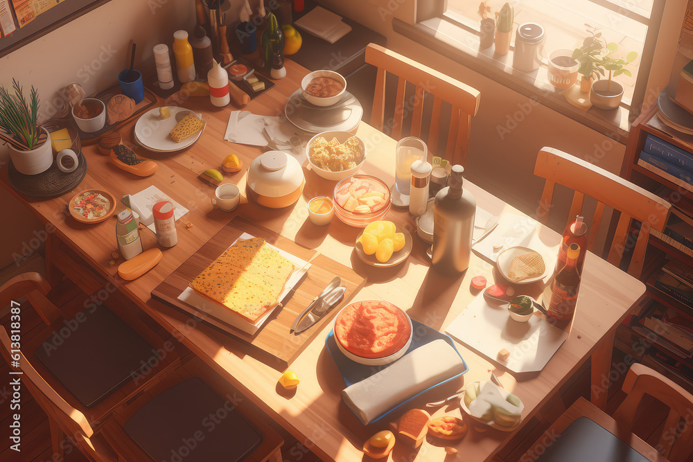Wooden dining table with lots of food in cartoon 3d style on a sunny ...