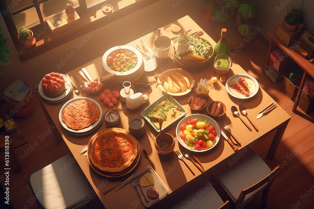 Wooden dining table with lots of food in cartoon 3d style on a sunny ...