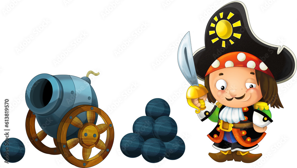 cartoon scene with pirate man fighting and old style cannon on whtie ...
