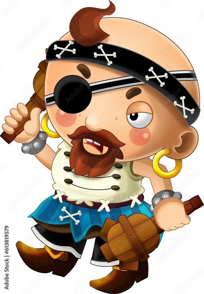 cartoon scene with pirate man fighting and old style cannon on whtie ...
