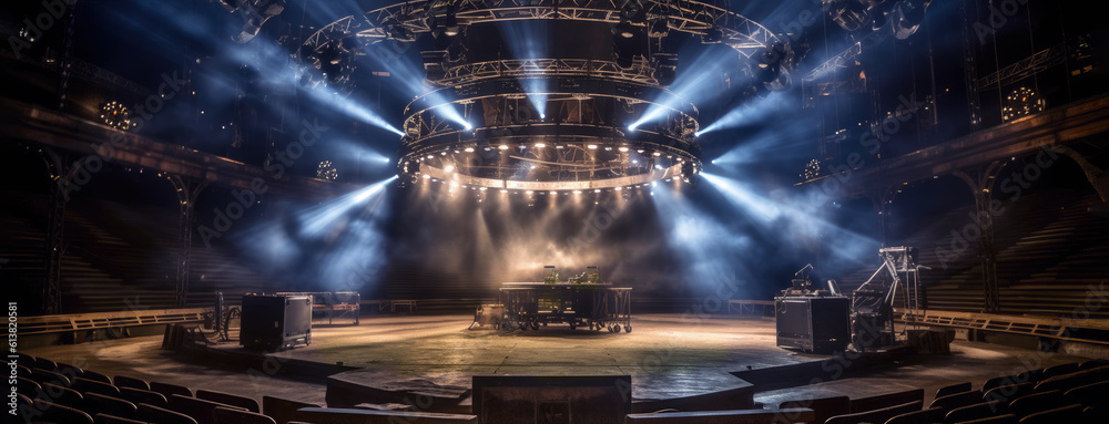 Live stage production with a circular light truss, in a center stage ...