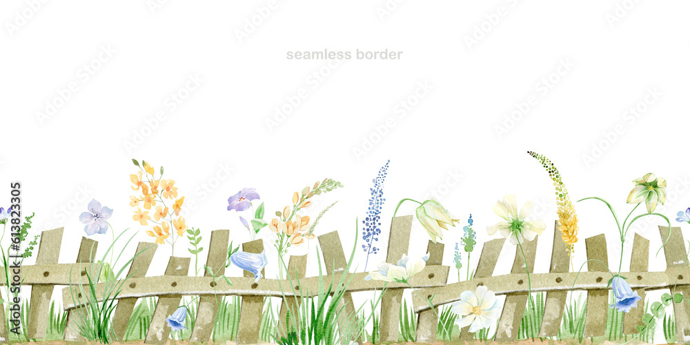 Wildflower border, watercolor illustration. seamless border with ...