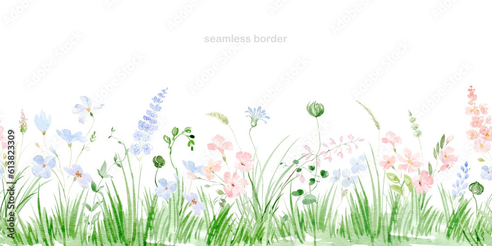 Wildflower border, watercolor illustration. seamless border with ...
