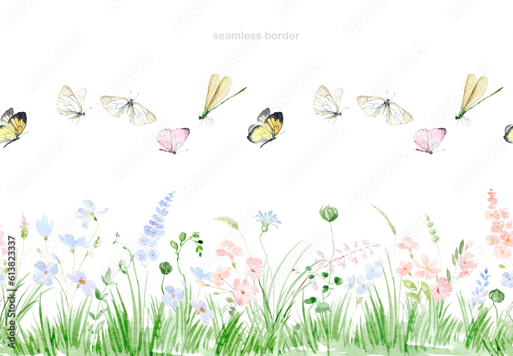 Wildflower border, watercolor illustration. seamless border with ...
