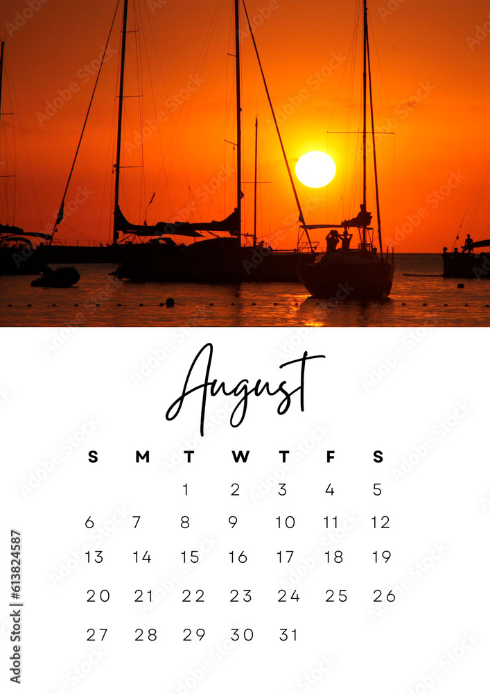 2023 calendar of august month with a sunset in summer photo. Author's ...