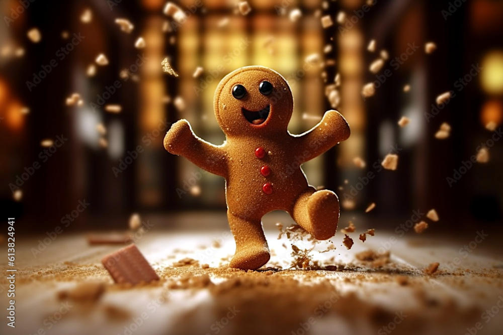 Gingerbread man running and losing crumbs. Christmas content. Ai ...