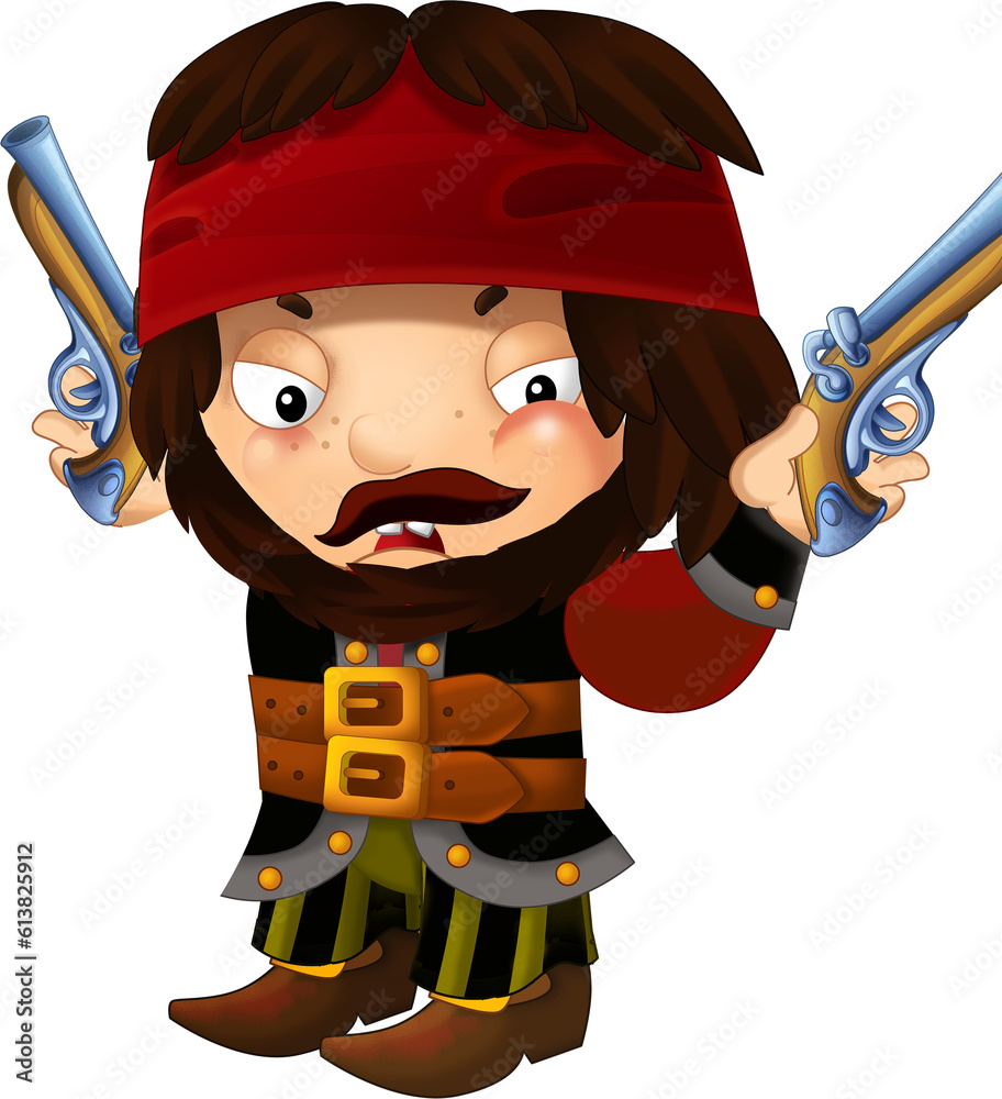 cartoon scene with pirate man fighting and old style cannon on whtie ...