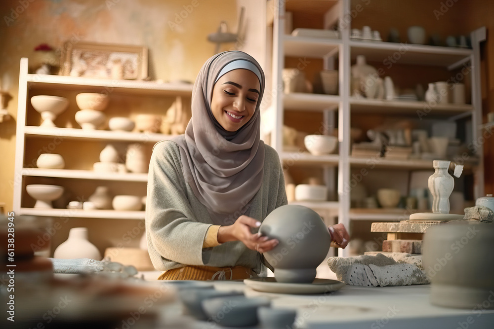 Passionate female pottery artist creating elegant ceramics in a modern ...