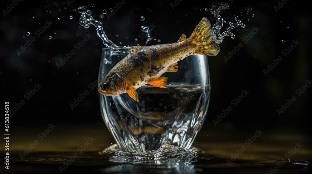Fish leap out from a glass into a river, bigger wider environment ...