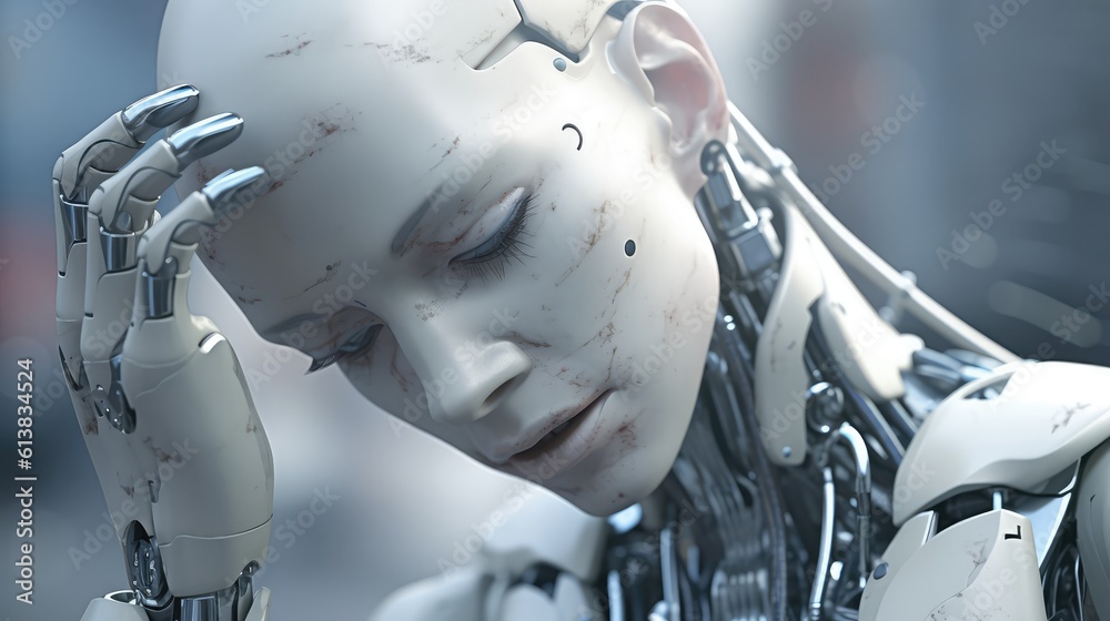 A humanoid robot reveals a stressed-out tense posture and facial ...