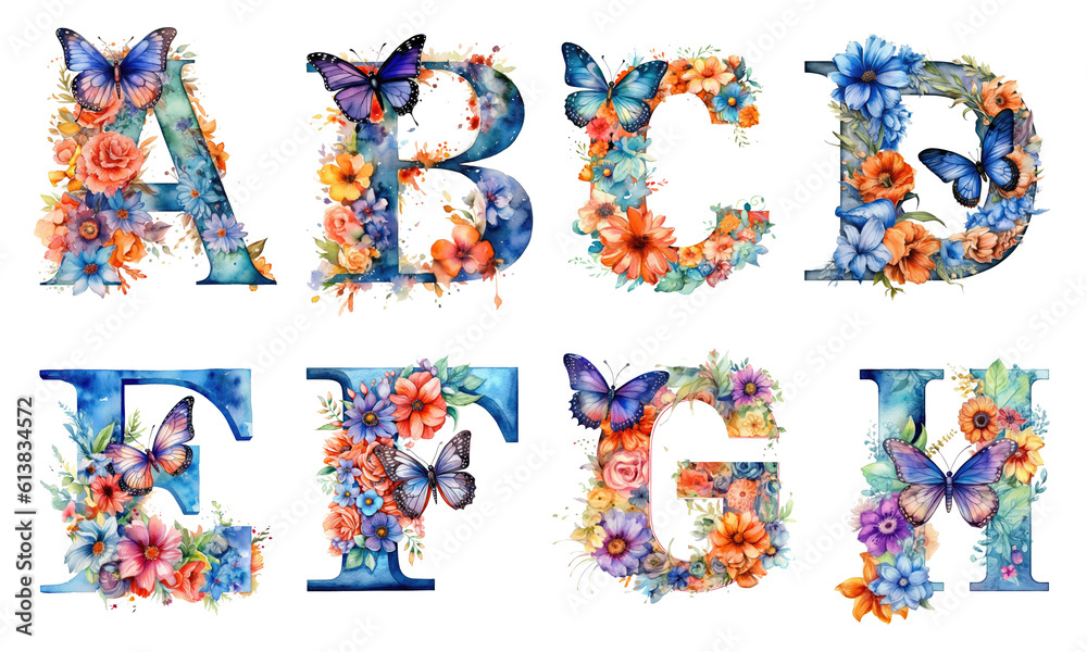 Floral Alphabet With Butterfly Watercolor Clipart 01. Generative AI ...