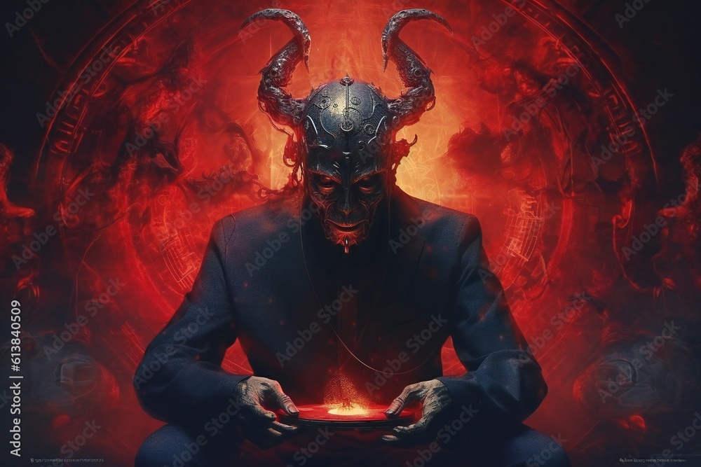 Dangers of Ai abstract artwork. Scary android devil is observing ...