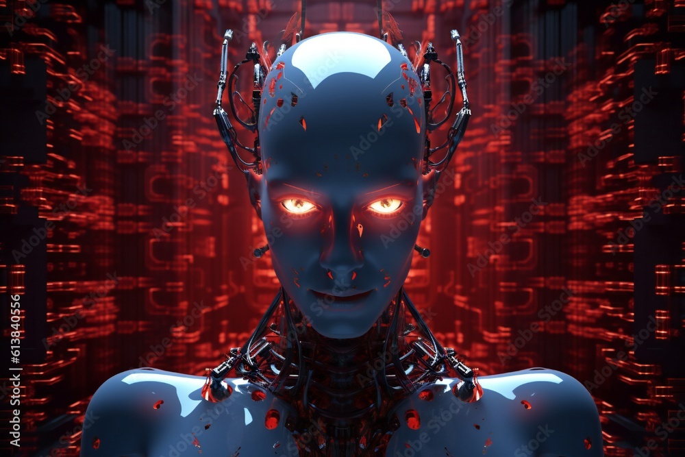 Dangers of Ai abstract artwork. Scary android devil is observing ...