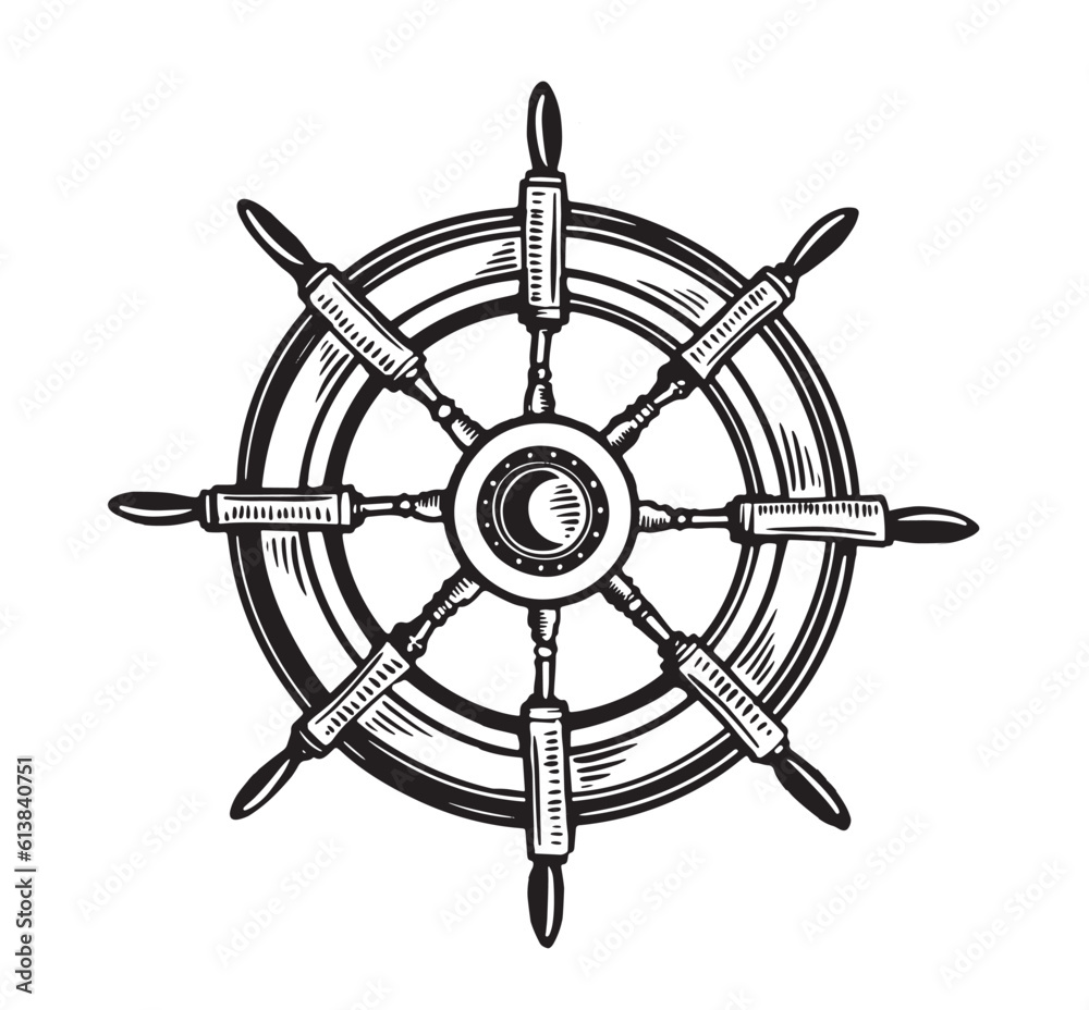 Ship wheel, sketch, Hand drawn vector Illustration. Stock Vector ...
