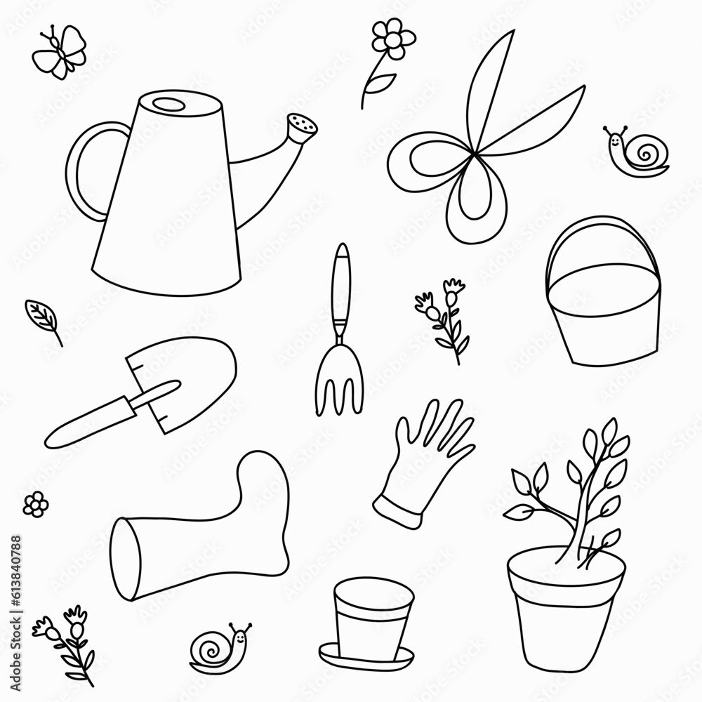 Vector set with hand drawn isolated doodles on the theme of garden ...