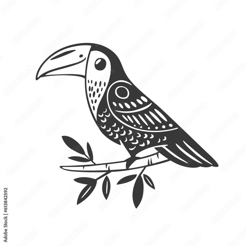 Simple linocut style pattern with toucan. Cartoon vector illustration ...