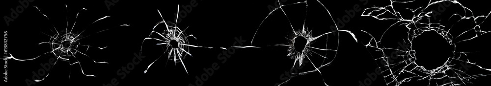 Set of cracked and chipped broken glass on black background. Abstract ...