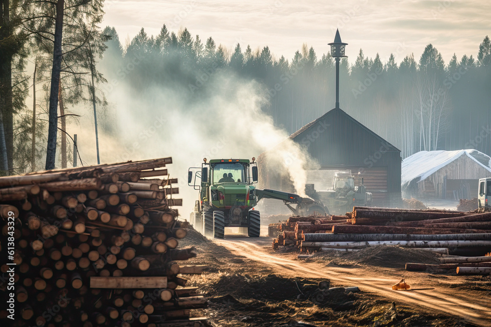 view of a huge open air sawmill , piles of tree logs, sawmill engines ...