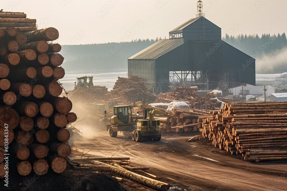view of a huge open air sawmill , piles of tree logs, sawmill engines ...