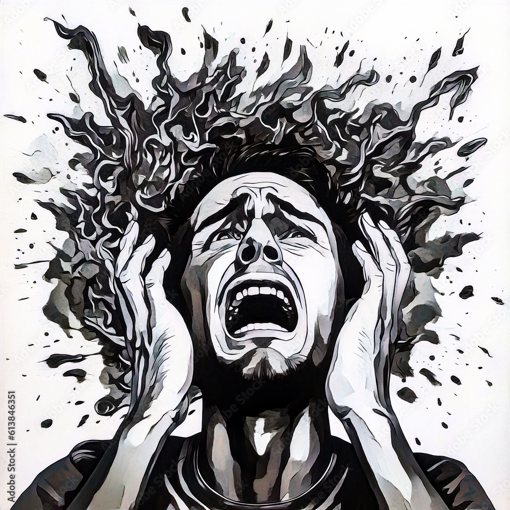A drawing of a fictional man screaming and in tears Desperate emotion ...