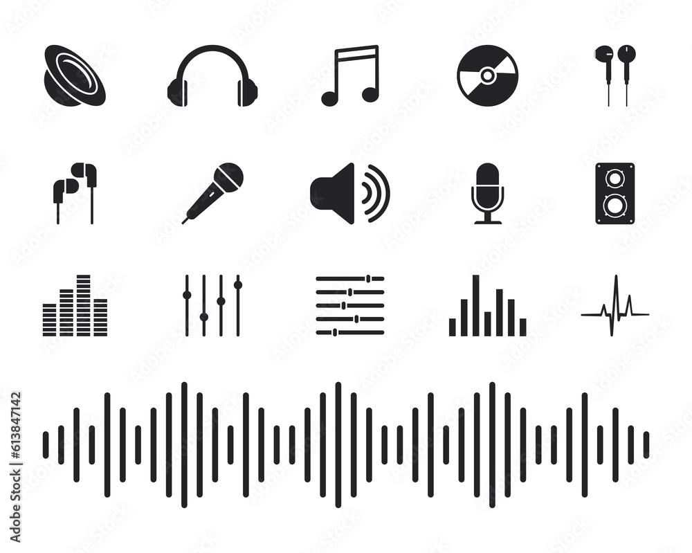 Music icon set. Audio icons. Microphone, headphone, speaker, equalizer ...