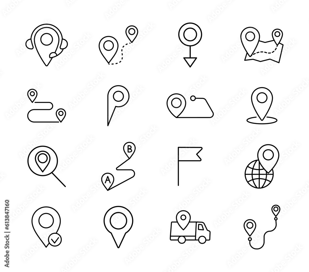 Location line icon set. Geolocation icons. Pointer, map, pin etc. Thin ...