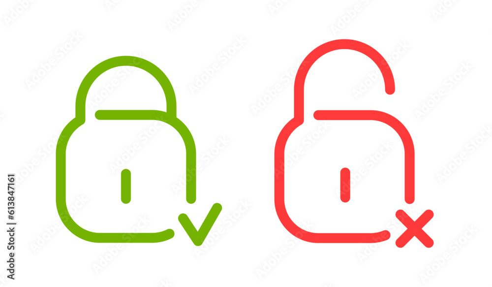 Lock and unlock icons. Padlock with check mark and cross. Open and ...